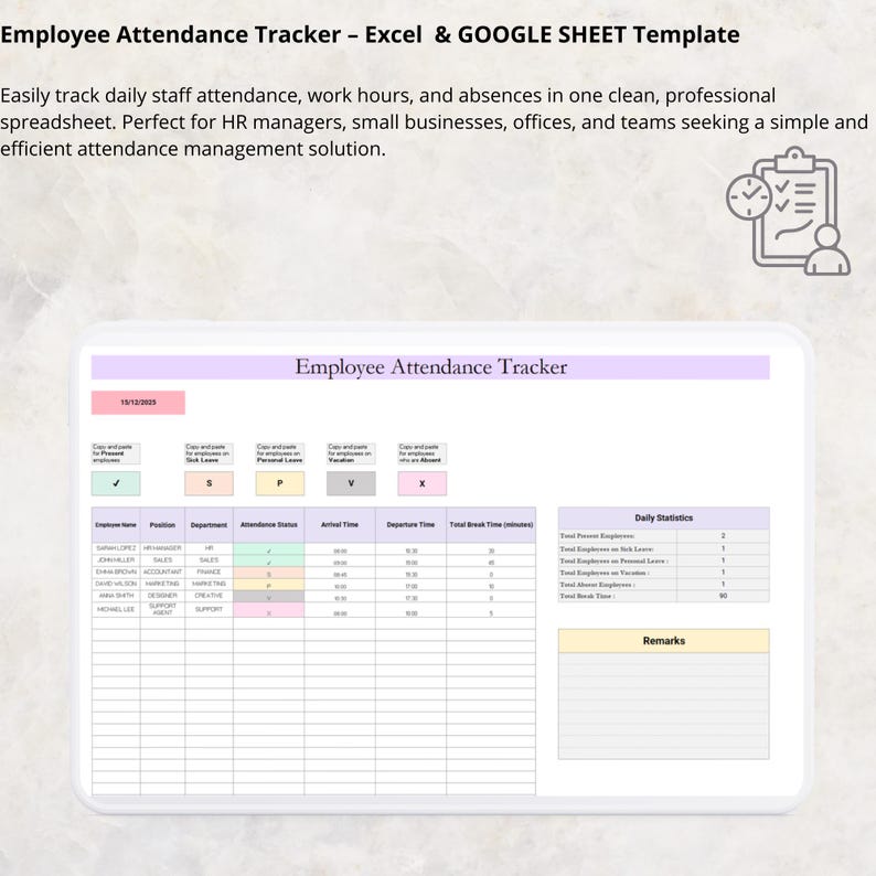 Employee Attendance Tracker Sheet Excel Google Sheets | Work Hours ...