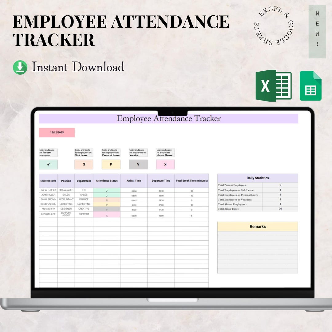 Employee Attendance Tracker Sheet Excel Google Sheets | Work Hours ...