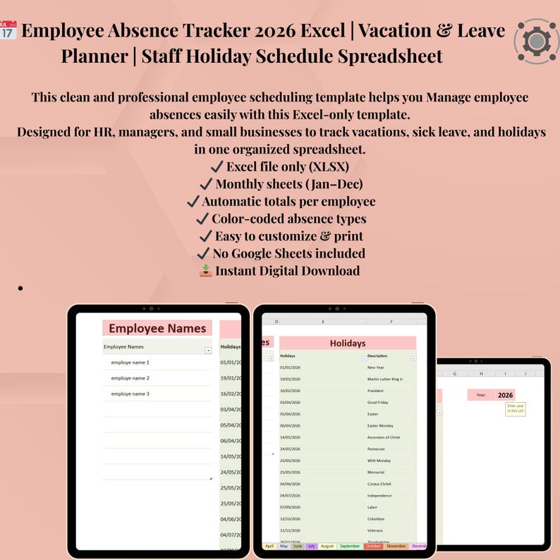 Employee Absence Tracker Calendar 2026 | Editable Excel HR Vacation and ...