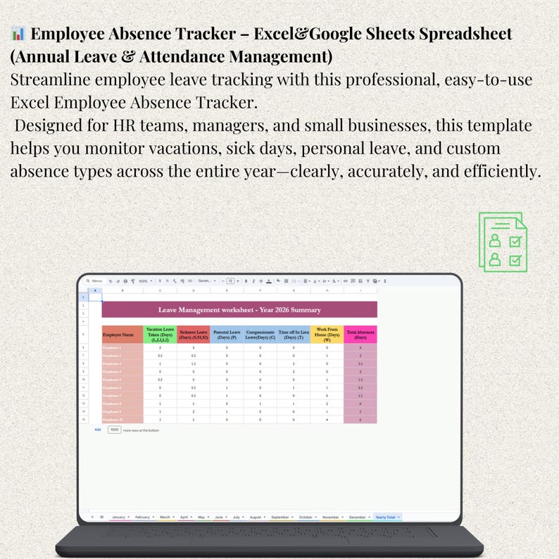 Employee Leave Management Tracker 2026 | Absence Tracker Excel & Google ...