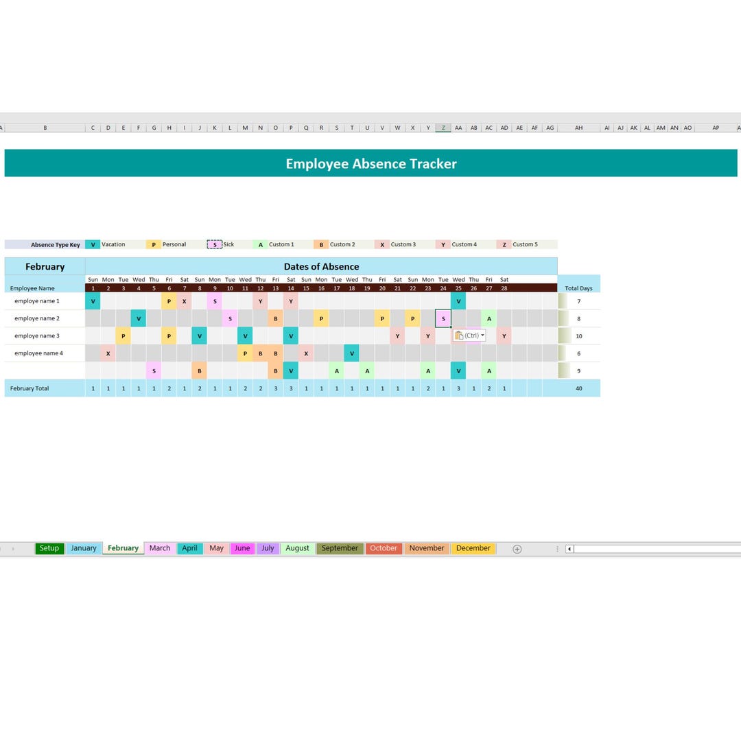 Employee Absence Tracker Calendar 2026 | HR Vacation Sick Leave Planner | Excel Staff Attendance ...