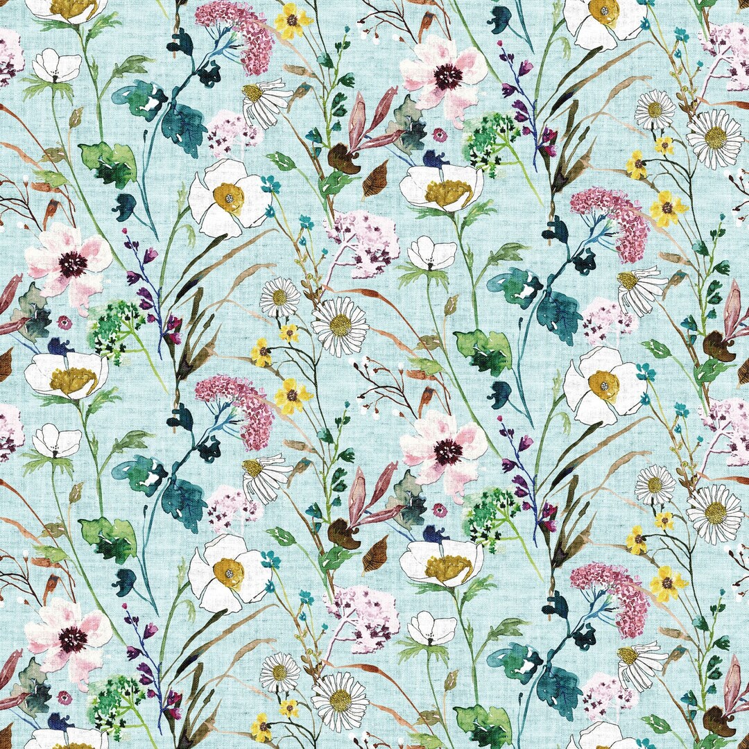Verdure Meadow Wildflowers Lt Teal by Esther Fallon Lau From Clothworks ...