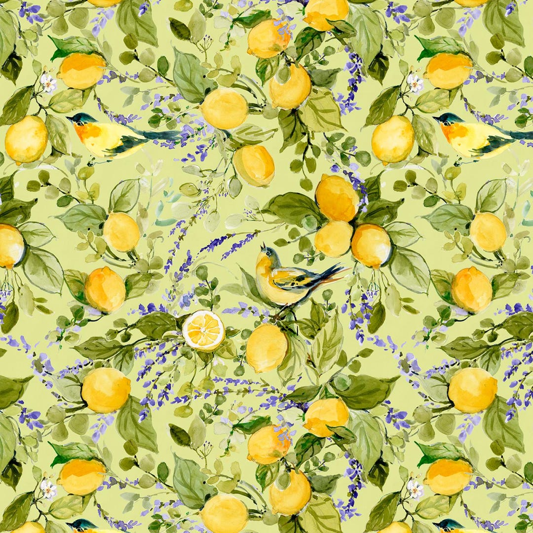 Lavender Lemonade - Lemons Birds Large All Over Lime by Susan Winget ...