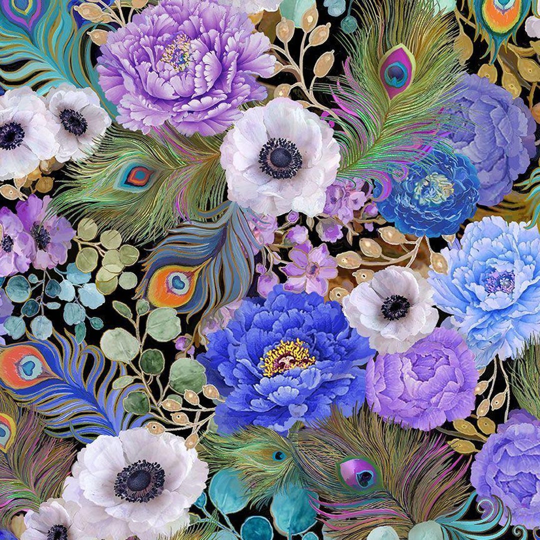Flourish - Peacock Feathers Florals Multi From Timeless Treasures ...