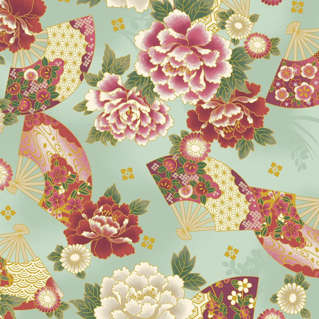 Auspicious Pattern METALLIC - Floral Fans Minty Blue From Quilt Gate ...