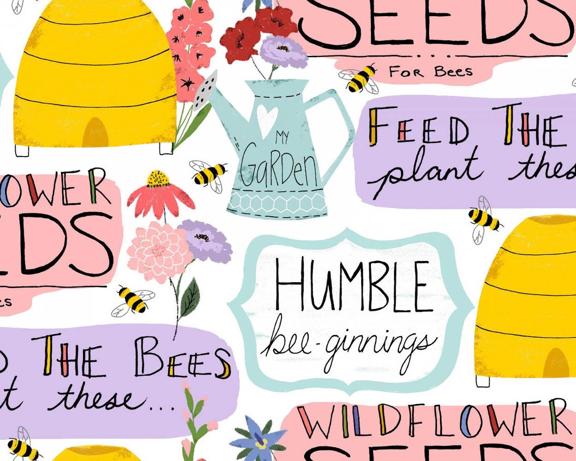 Feed The Bees Signs Garden Words White from 3 Wishes Fabric | Etsy