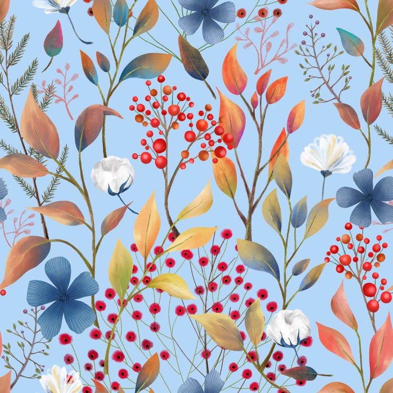 Midnight Flora Meadow Leaves Floral Berries Blue by Melissa - Etsy