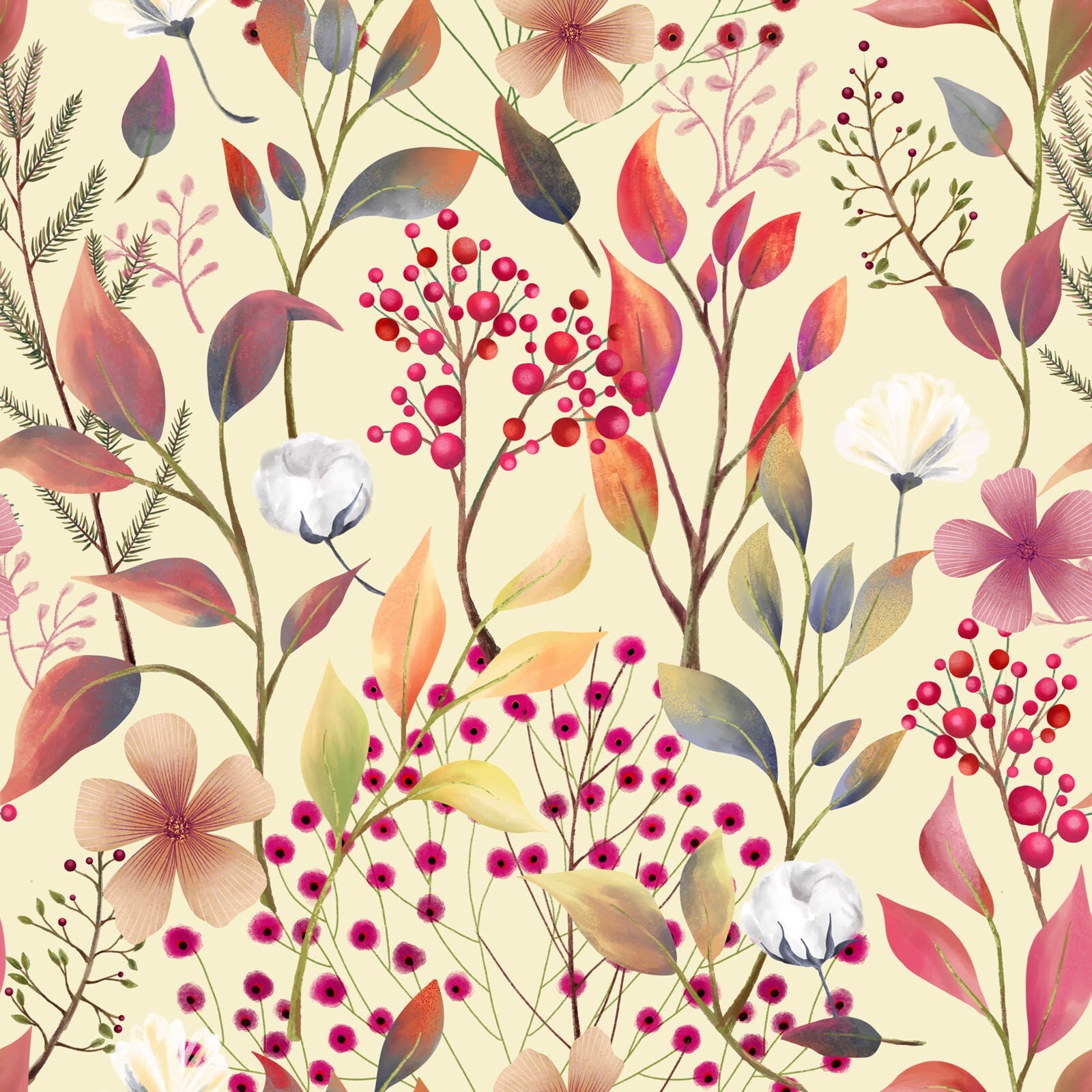 Midnight Flora - Meadow Leaves Floral Berries Cream by Melissa Lowry ...