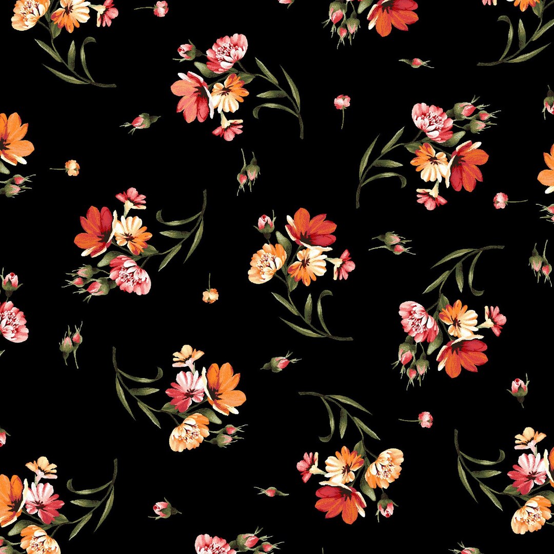 Harvest Rose FLANNEL - Tossed Florals Black From Maywood Studio Fabric ...
