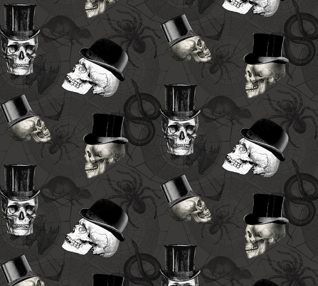 Wicked Skulls Top Hats Charcoal From Timeless Treasures Fabric - Etsy