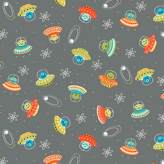 Outer Space Scatter Martians Grey From Makower UK Fabric | Etsy