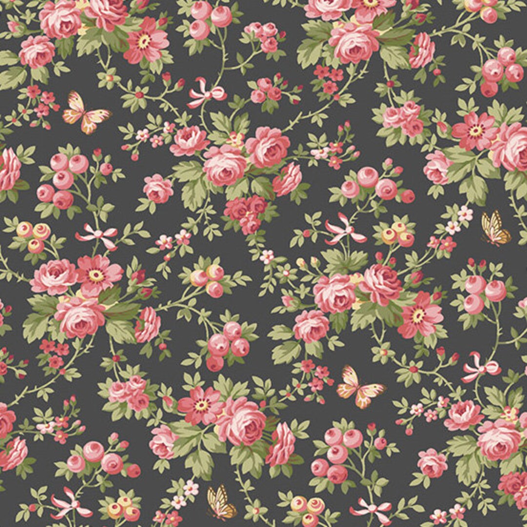 French Mill - Roses Butterflies Black From Andover Fabrics - Etsy