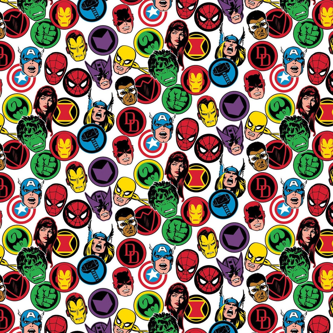 Marvel Comics IV MC Hero Stickers Toss White from Camelot Fabrics ...