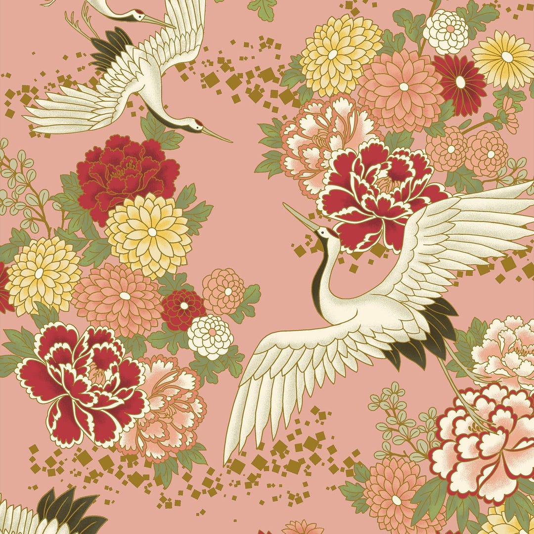 Auspicious Pattern METALLIC - Crane Floral Pink From Quilt Gate Fabric ...