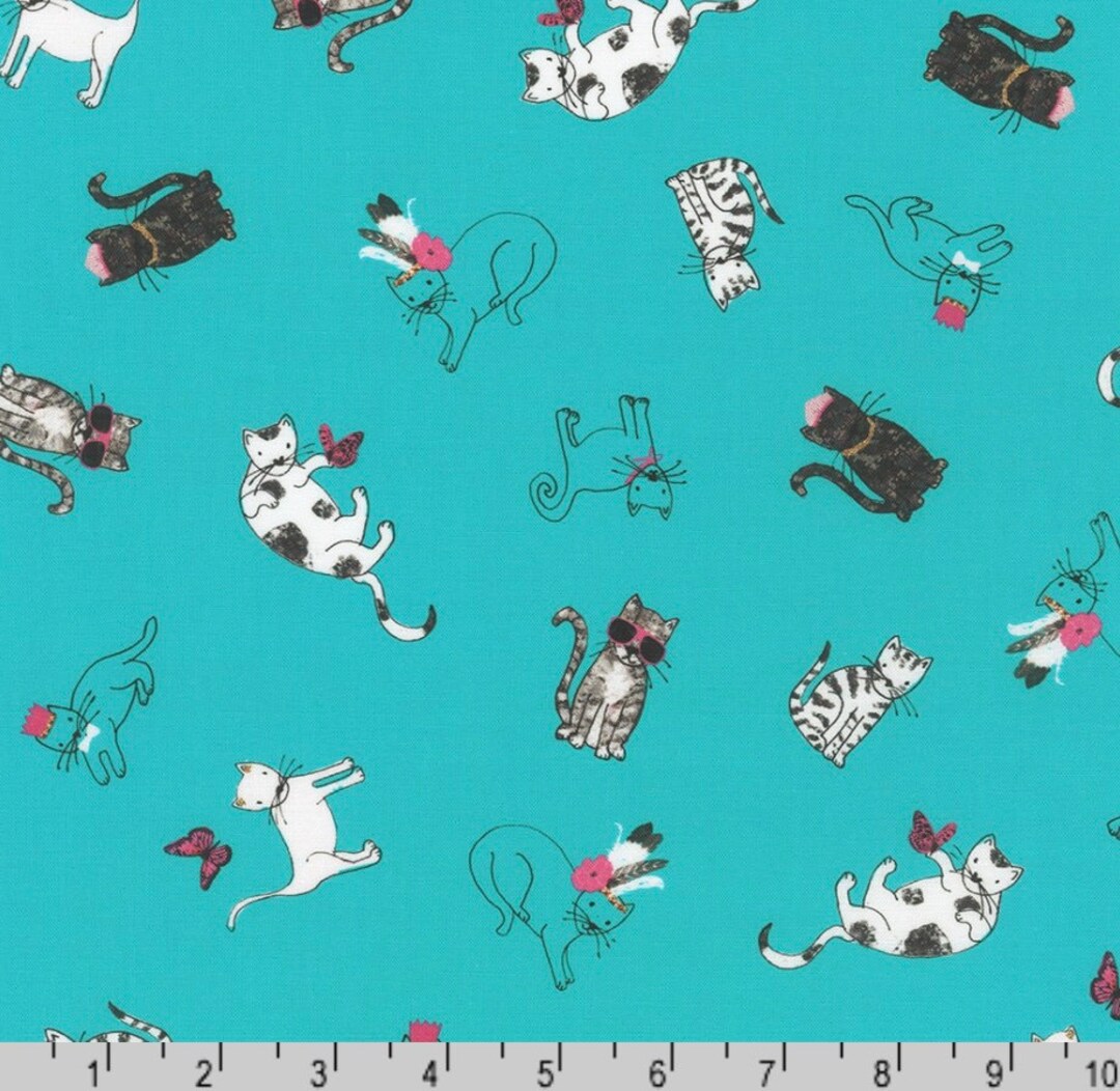 Fancypants - Cats Toss Teal by World Art Group From Robert Kaufman ...