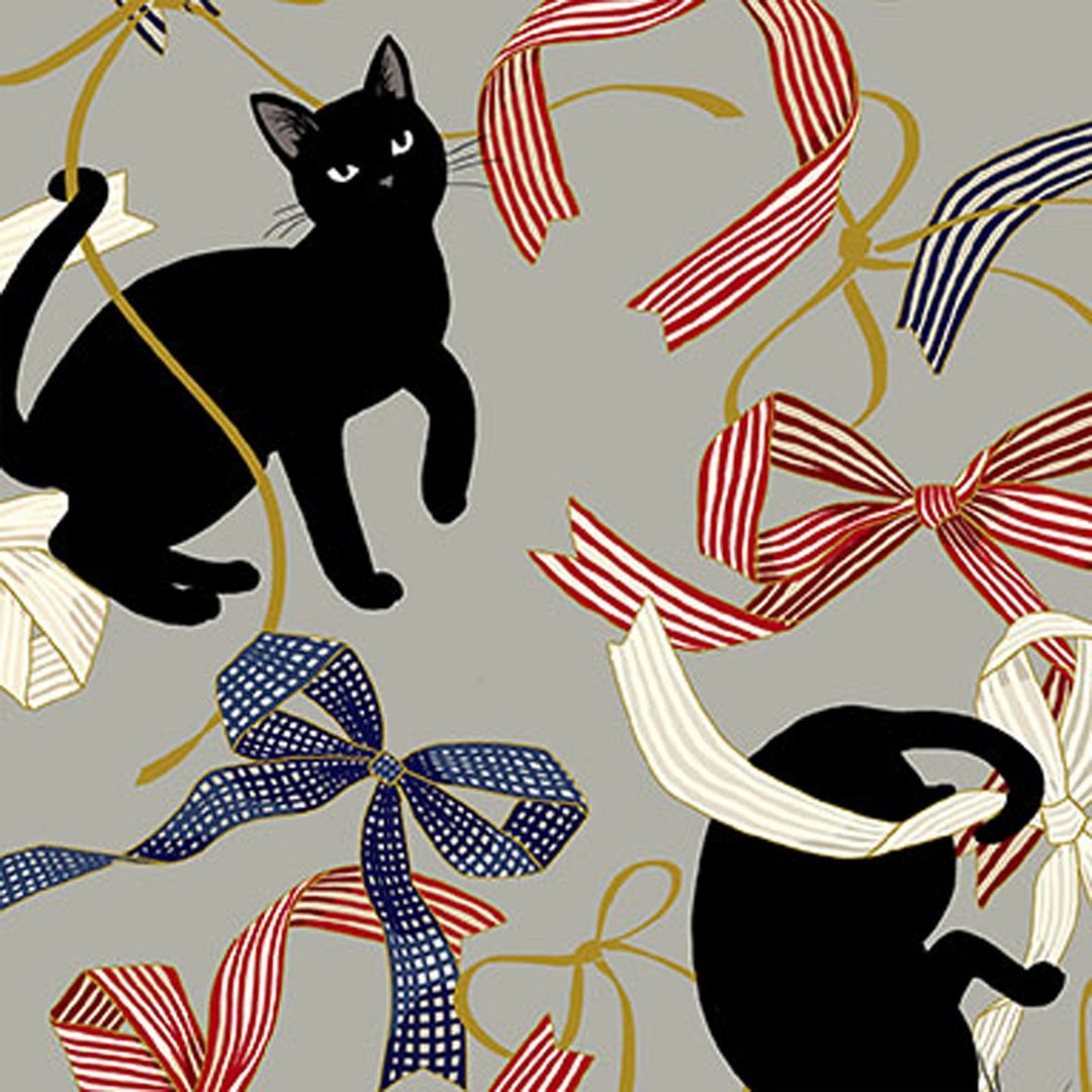 Neko Metallic - Cats Ribbons Bows Grey From Quilt Gate Fabric - Etsy