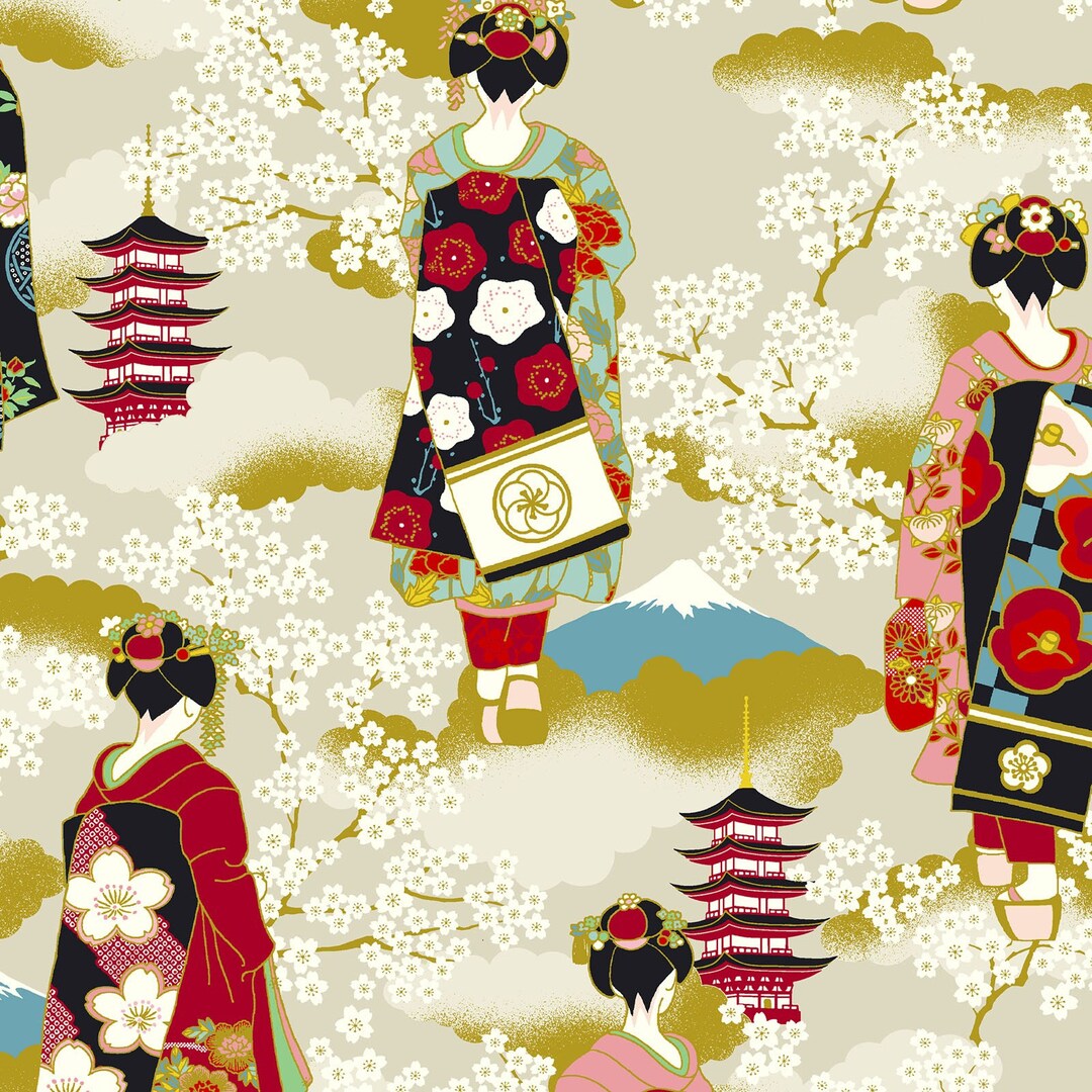 Shikisai Monyou SATIN - Geisha Natural From Cosmo Fabric - Etsy