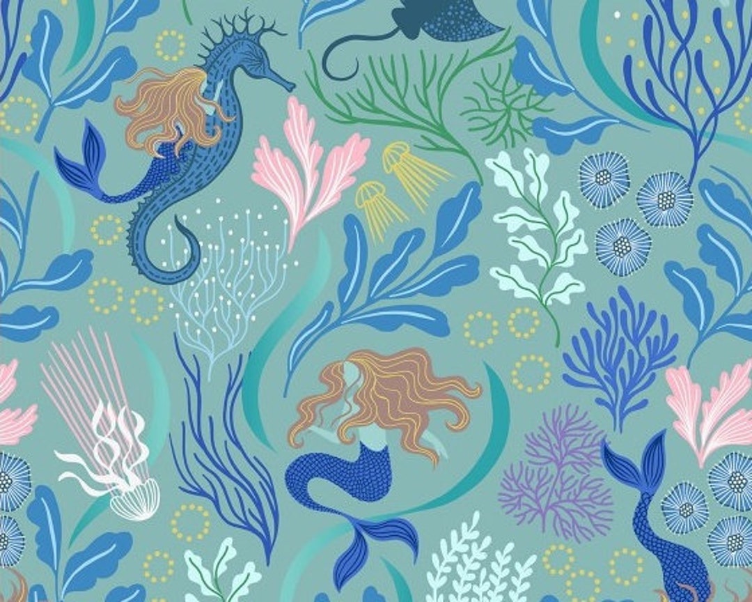 Moontide - Mermaids Metallic Aqua From Lewis and Irene Fabric - Etsy