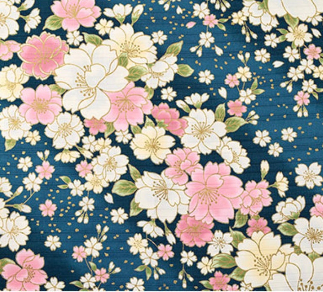Traditional Japanese Style SATIN - Floral Teal From Cosmo Fabric - Etsy
