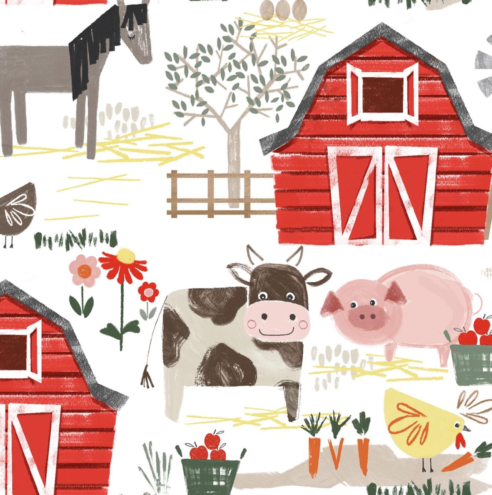 Little Foot Farm FLANNEL - Barn and Animals White From 3 Wishes Fabric ...
