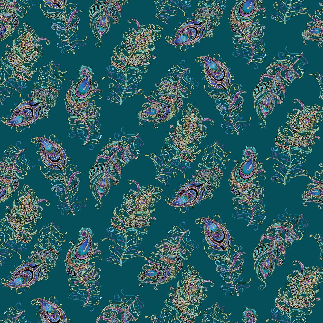 Peacock Flourish - Floating Feathers Small Metallic Teal From Benartex ...