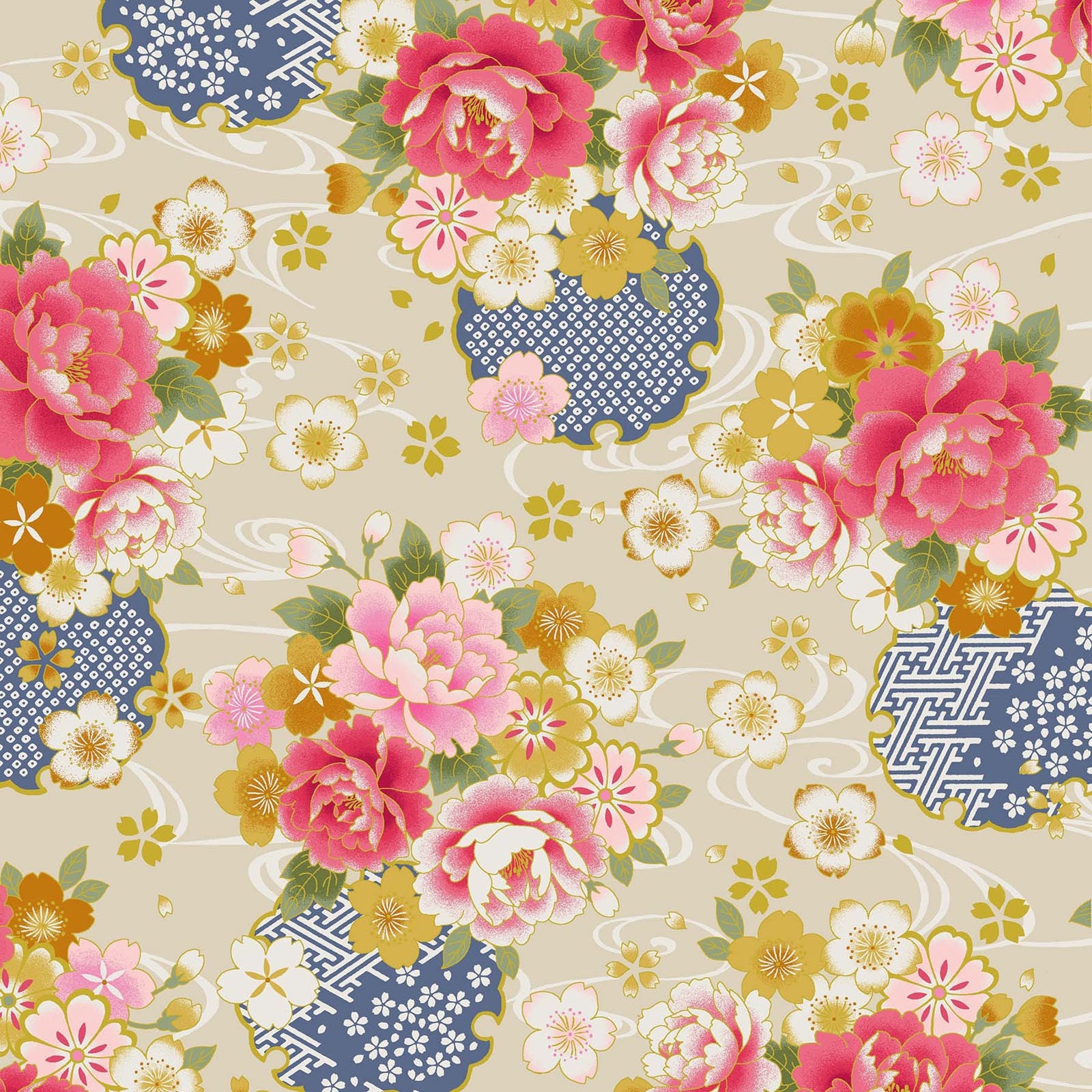 Traditional Japan Sheeting Metallic Floral Swirl Natural | Etsy