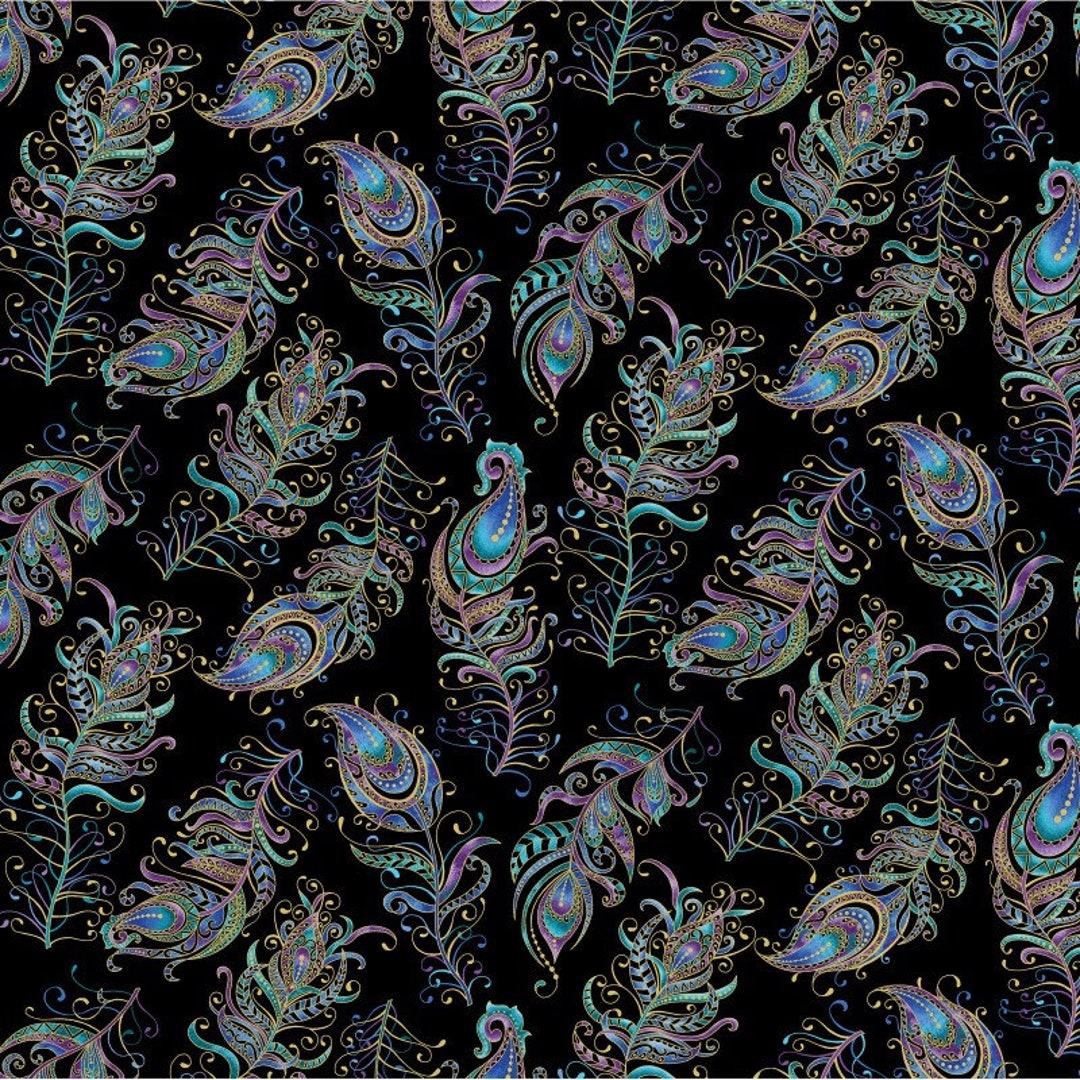 Peacock Flourish - Floating Feather Black Metallic From Benartex ...