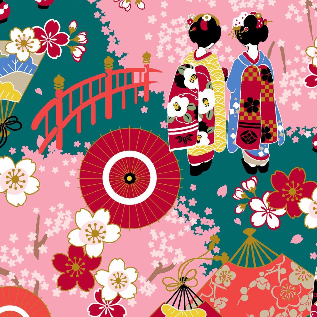Maiko - Geisha Garden Teal Pink From Cosmo Fabric - Etsy