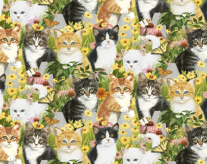 Floral Fabric Cats by Call Me Chartreuse Flower Feline Cotton Fabric by ...