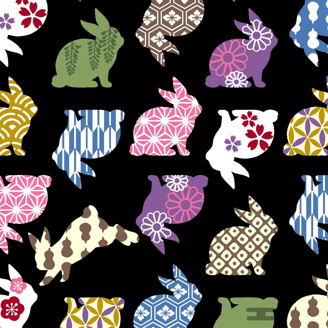 Wa Monogatari DOBBY - Rabbits Black From Cosmo Fabric - Etsy
