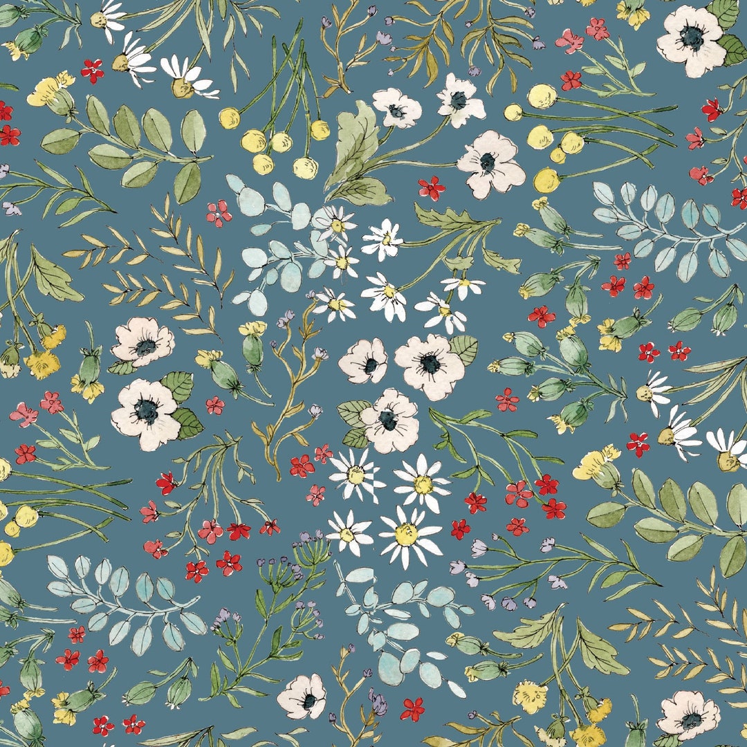 Cottontail Farm - Tossed Flowers Teal by Caverly Smith From 3 Wishes Fabric - Etsy