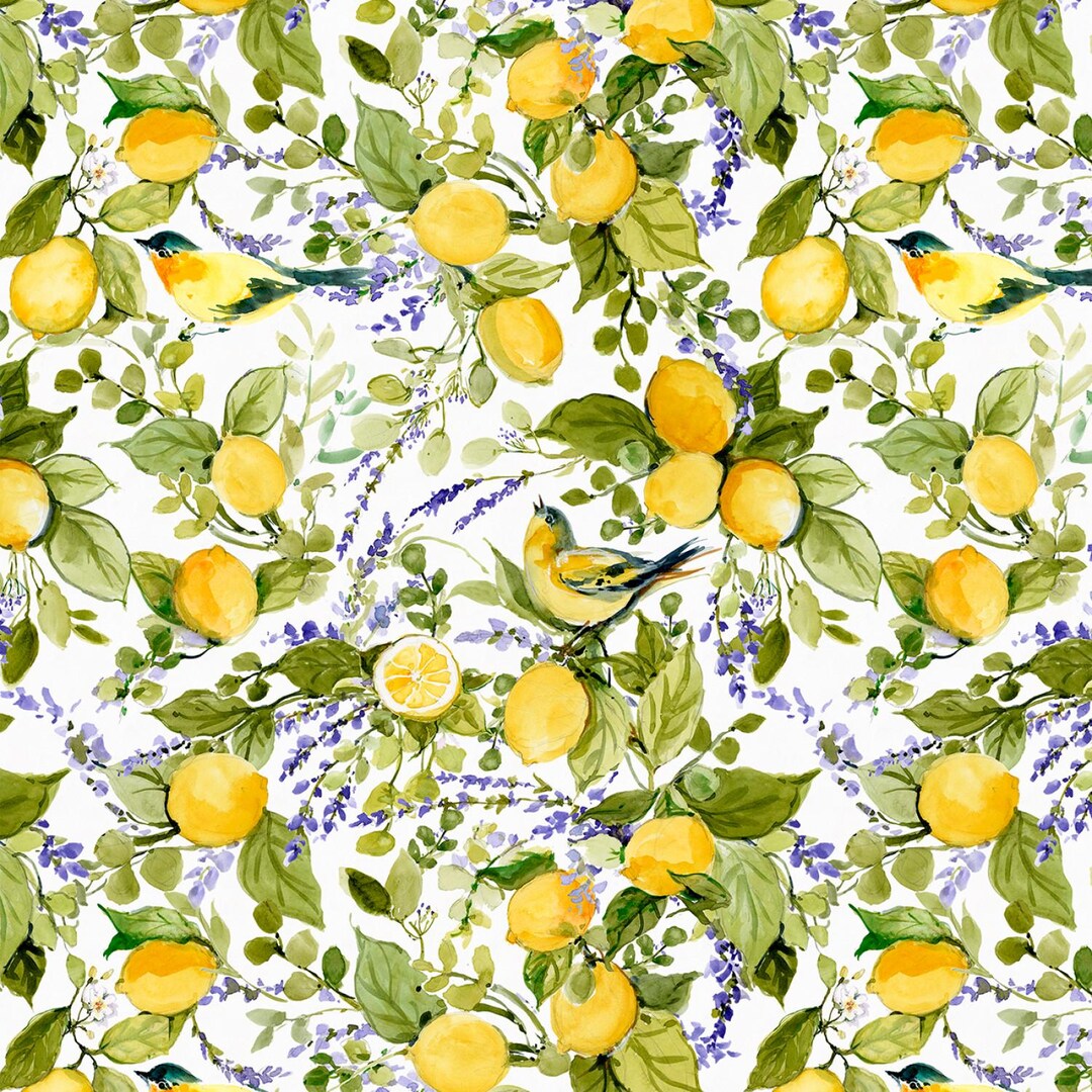 Lavender Lemonade - Lemons Birds Large All Over White by Susan Winget ...