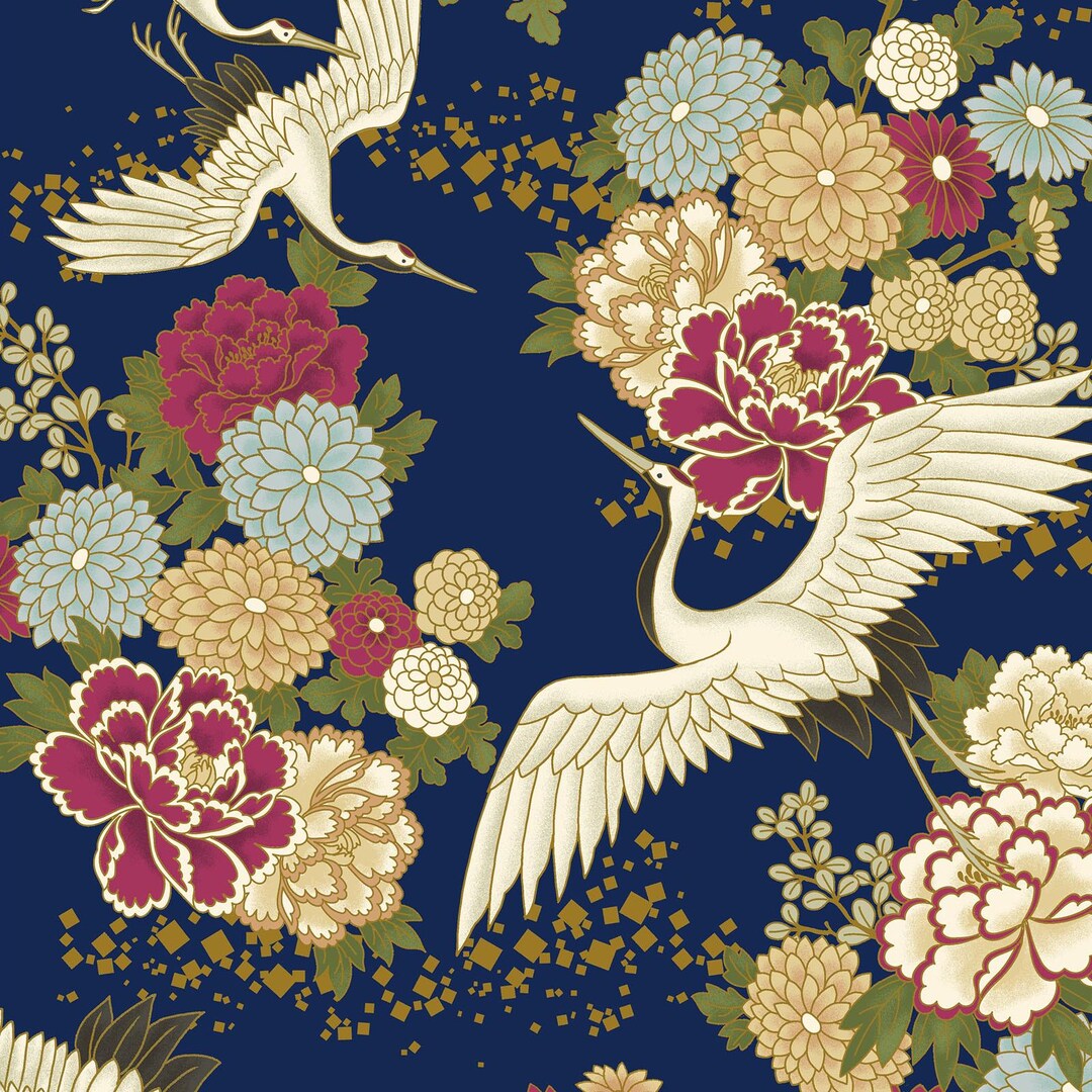 Auspicious Pattern METALLIC - Crane Floral Dk Blue From Quilt Gate ...