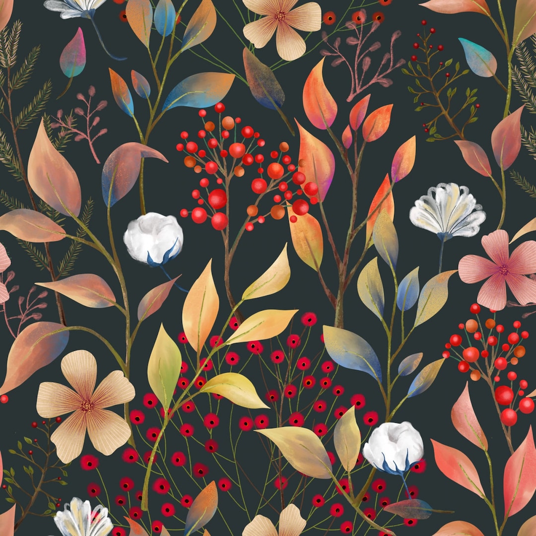 Midnight Flora - Meadow Leaves Floral Berries Dark by Melissa Lowry ...