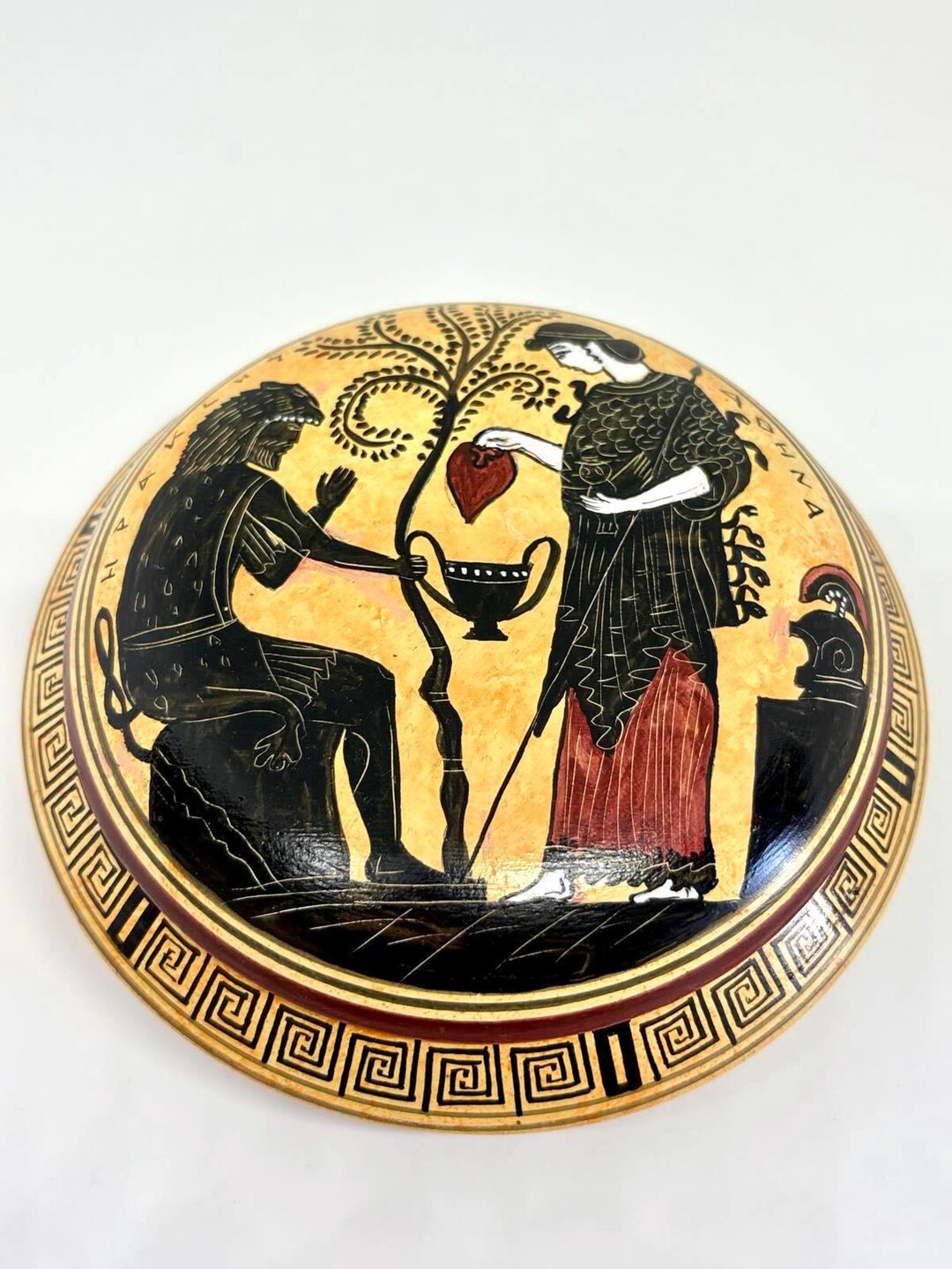 Handmade Greek Pyxis With Athena Pouring Wine to Hercules Cup — Hand ...