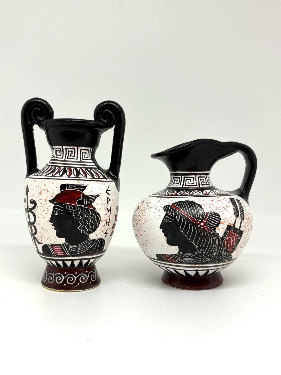 Handmade Greek Pottery Set of 2 – Black Figure Mini Vases With Hermes ...