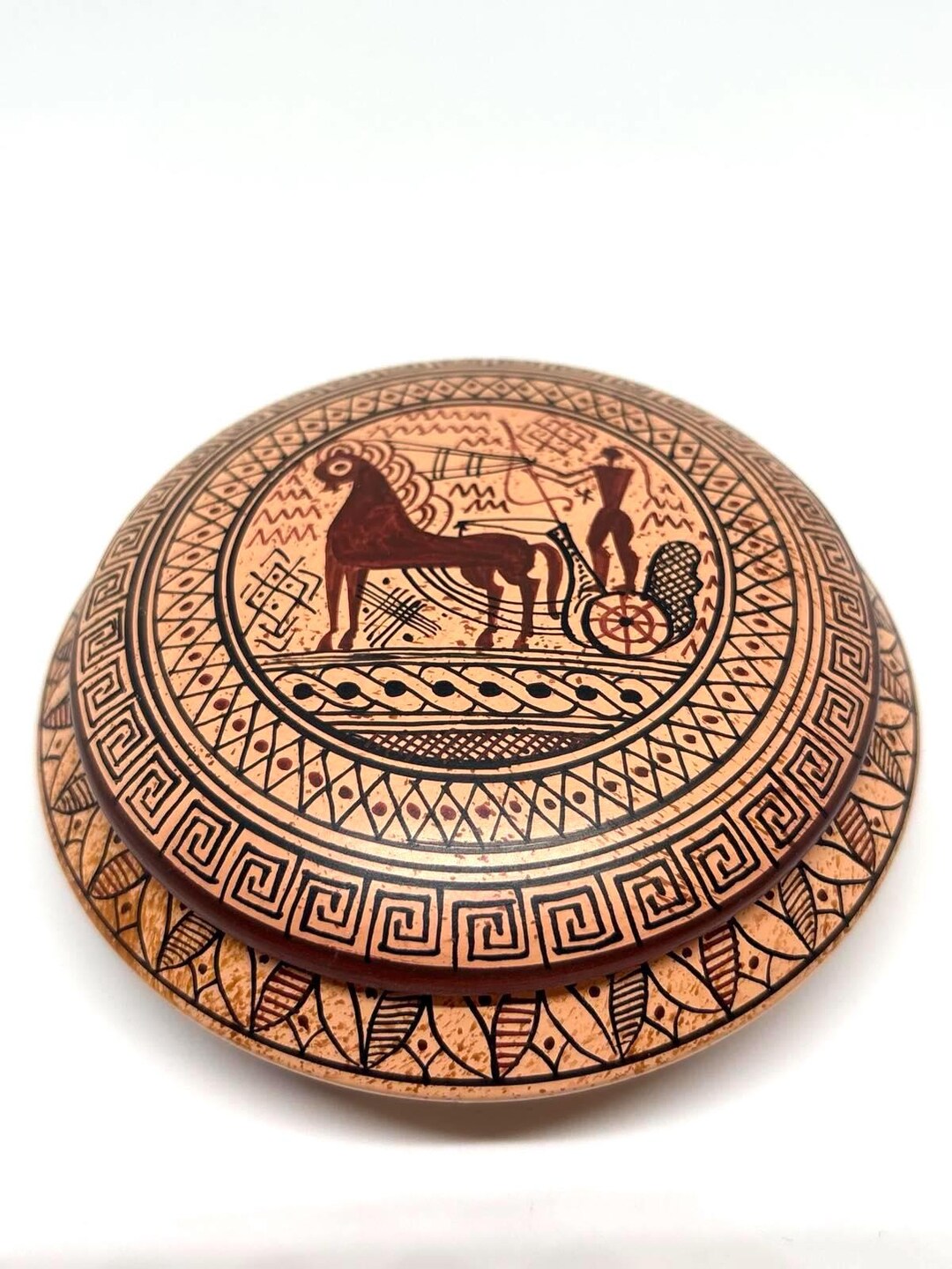 Handcrafted Greek Geometric Pyxis Box – Heroic Chariot Scene, Intricate ...