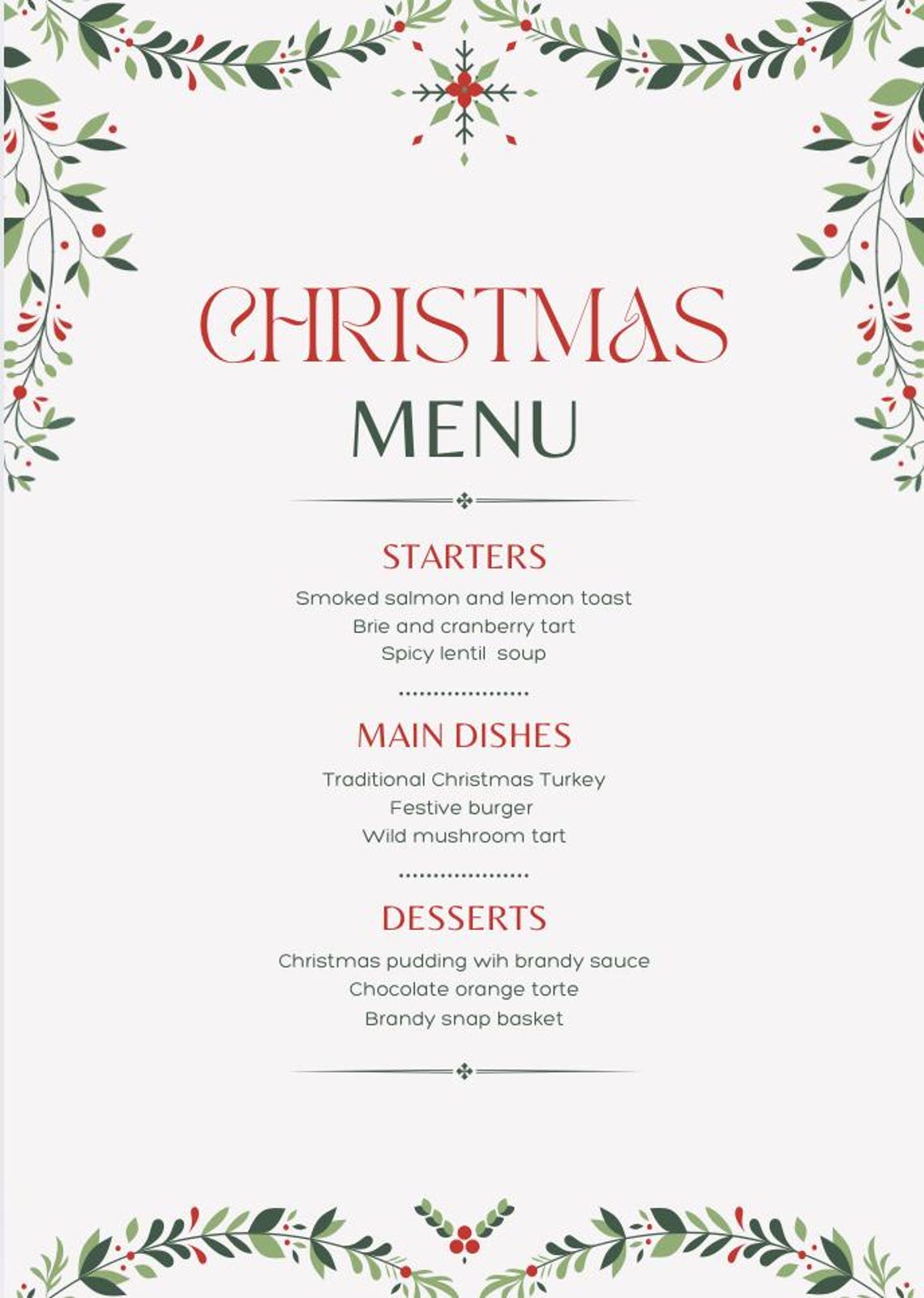 Editable Christmas Dinner Menu Template | Printable Canva Design ...