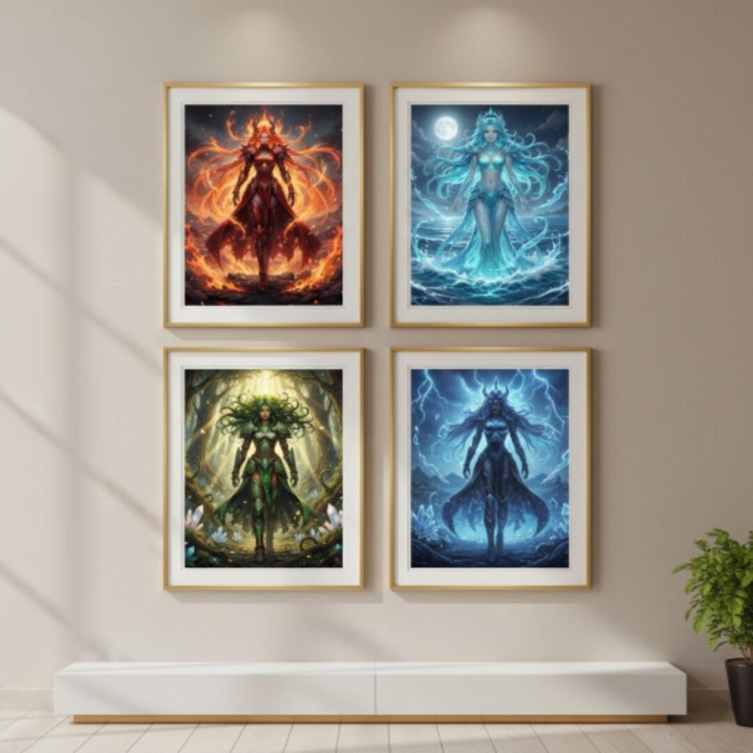 Elemental Queens 4-pack | A4 Printable Anime Posters | Fire Water Earth ...