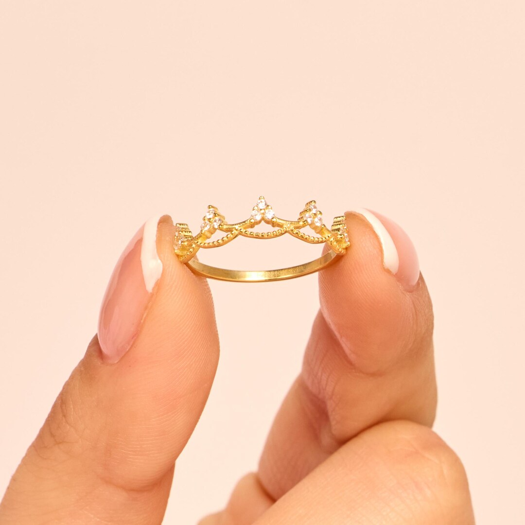 Diamond Princess Crown Ring, 14k Solid Gold Tiara Band, Dainty Vintage ...