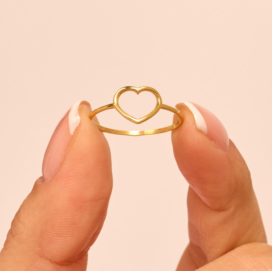 14k Solid Gold Heart Outline Ring, Thin Open Heart Ring for Women ...