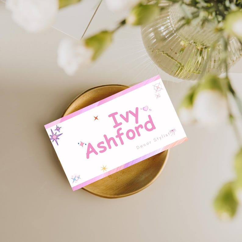 Girly Business Card Canva Template | Editable Pink Holographic Sparkle ...