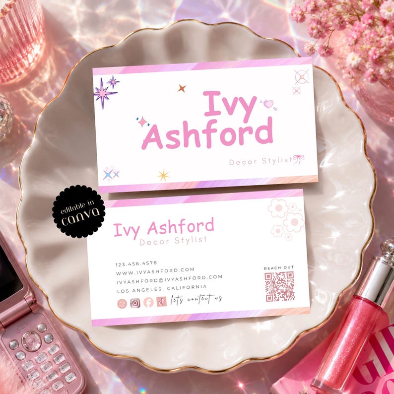 Girly Business Card Canva Template | Editable Pink Holographic Sparkle ...