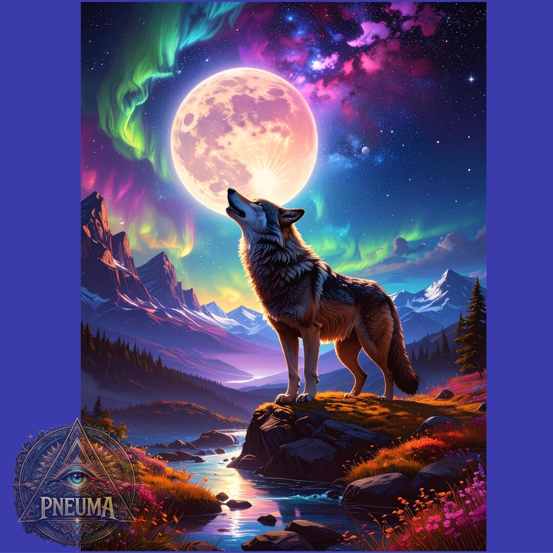 Wolf Howling at Northern Lights, Mountain Landscape Art (digital ...