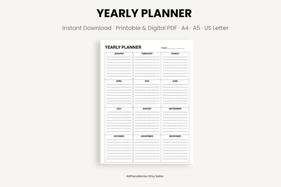 Minimal Yearly Planner Printable & Digital PDF To-do Organizer Instant ...
