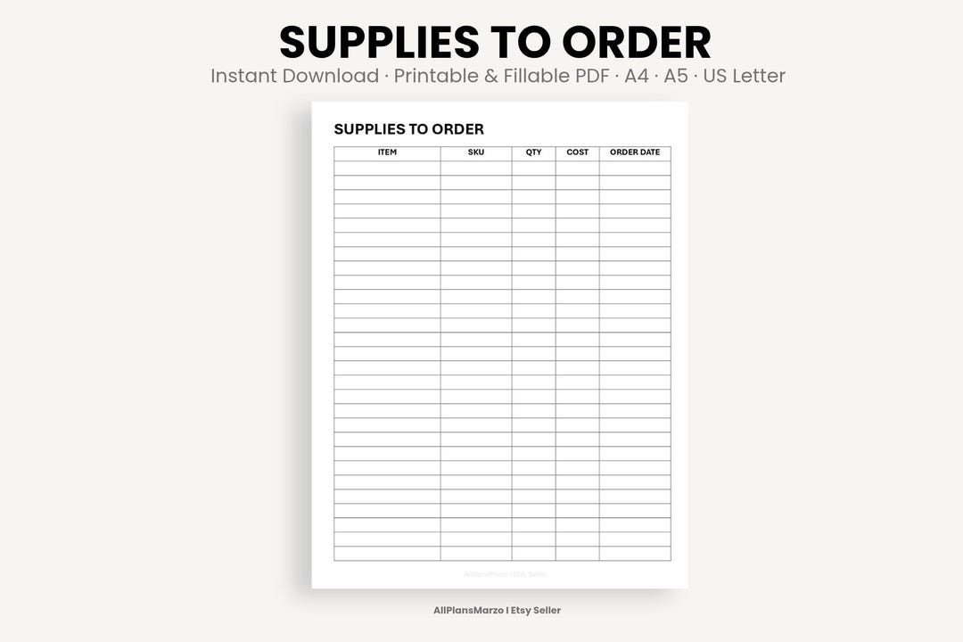 Supplies to Order Tracker Printable & Fillable PDF, Inventory Log, A4 ...