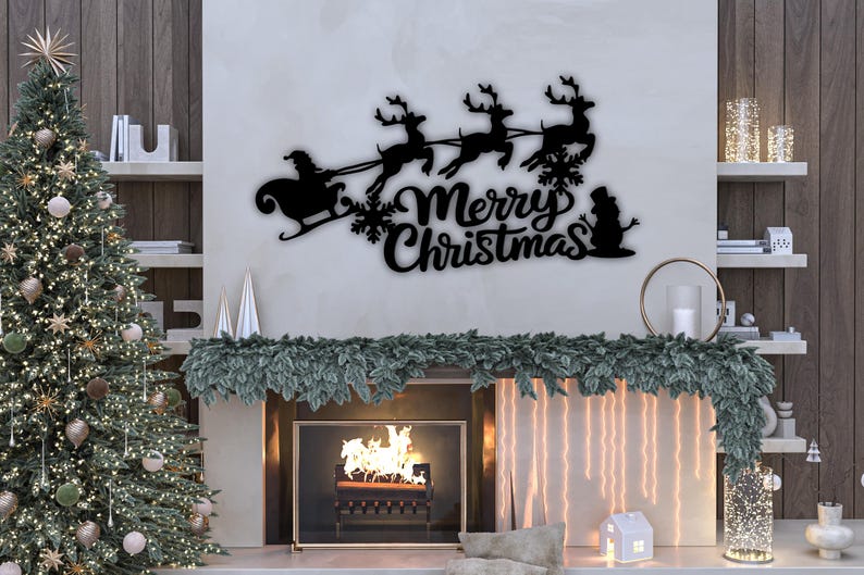 Santa Sleigh Wall Art – Christmas Reindeer Decor, Metal Laser Cut SVG ...