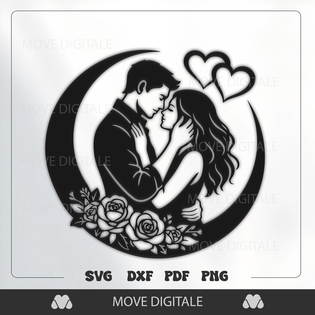 Romantic Couple Moon SVG - Valentine's Day Love Laser Cut - Rose Heart ...