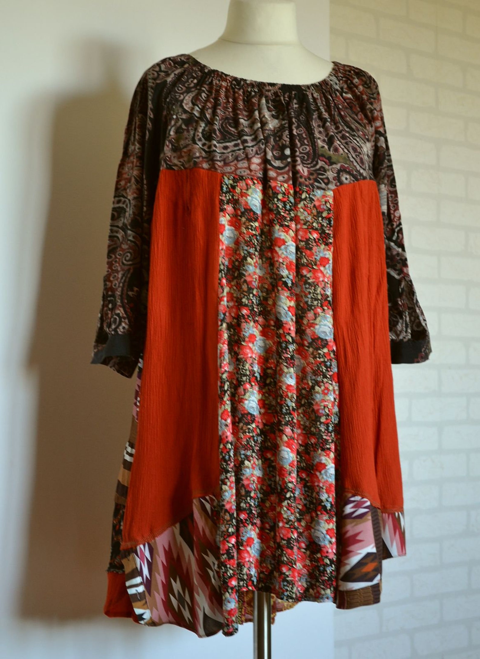 Women's Boho Patchwork Unique Recycled L XL Dress Lagenlook Upcycled ...