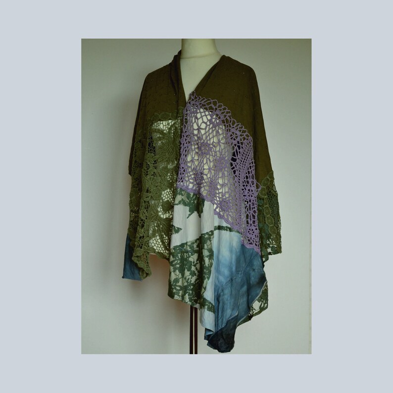 Women's Knit Shawl Cape, Olive Shabby Wrap, Upcycled Patchwork Shawl ...